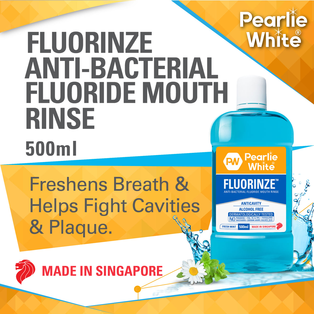 Fluorinze Anti-bacterial Fluoride Mouth Rinse 500ml | Pearlie White